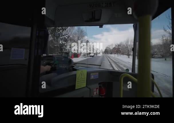 View from the inside of bus through the windshield for winter in ...