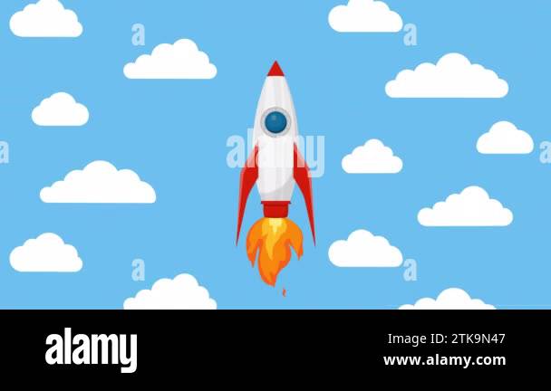 Spaceship flying on blue background with clouds. 4k animation with ...