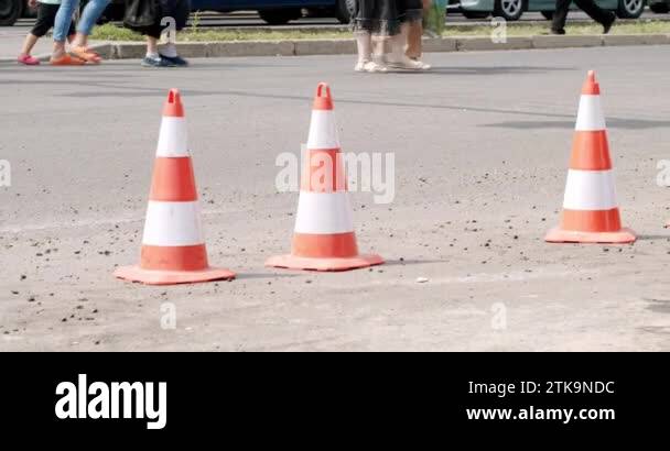 Roadworks sign on a road. Repair work on the road. Workers laid new ...
