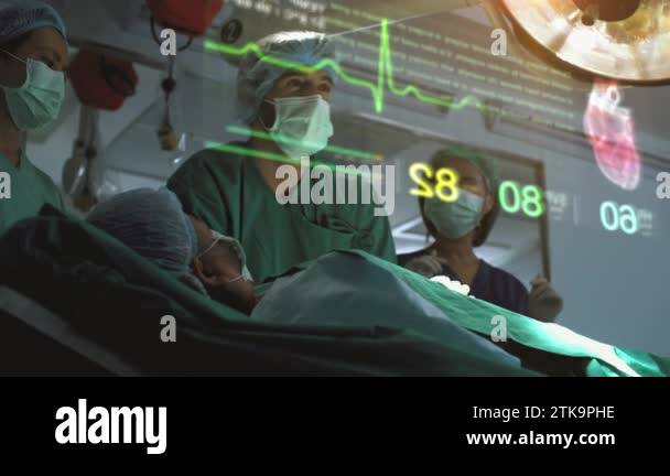 Futuristic simulation operating room - a surgeon diagnosing a senior ...