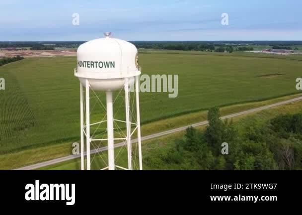 Video of Aerial flying past Huntertown, Indiana water tower utility ...