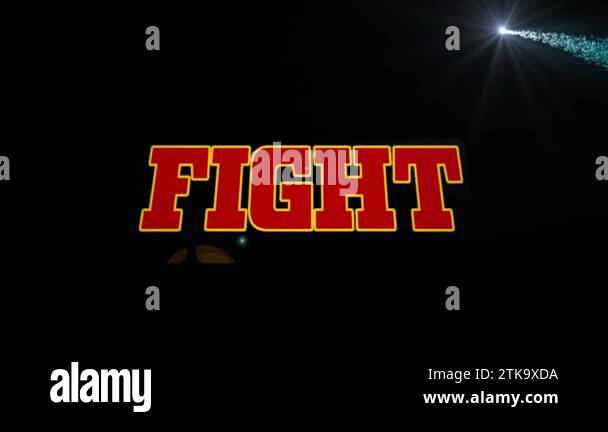 Animation of fight text with flying lens flare bursting in particles ...