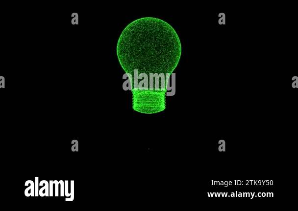 3d Green Light Bulb Rotates On Black Background Object Consisting Of Flickering Particles 60