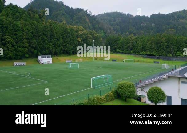 Football field at green forest nature. Aerial view vivid grass soccer ...