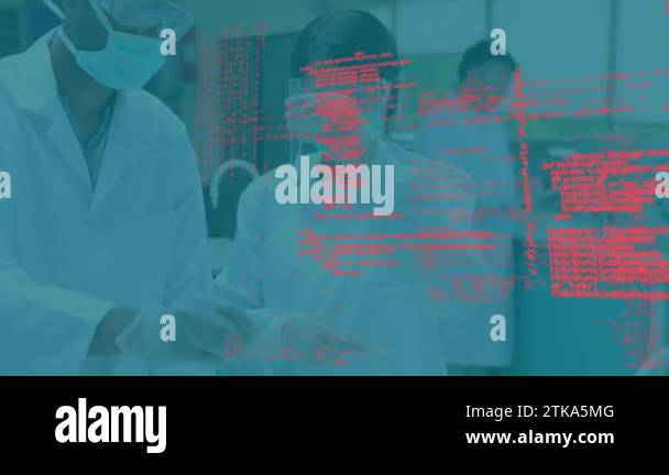 Animation of computer language over diverse scientists mixing liquid in ...