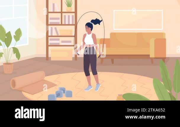 Animated strength training exercise. Young woman jumping rope at home ...