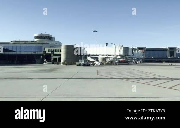 Move along the airport runway, passenger bus driving on airfield ...