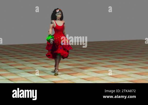 3d simulation of a fashion-show where model wears some red dress Stock ...