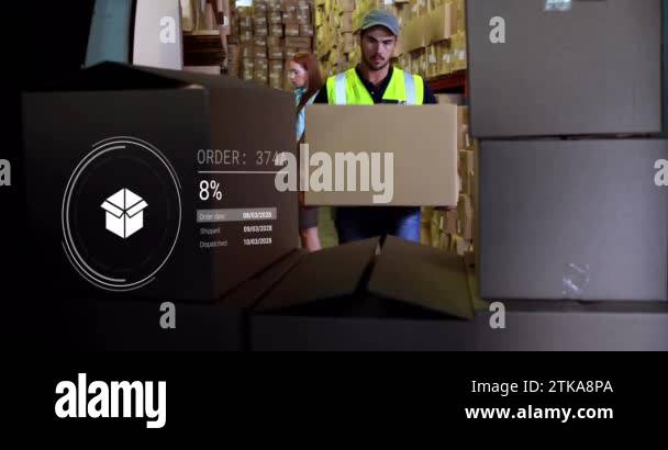 Animation of icons with data processing over caucasian delivery man in ...