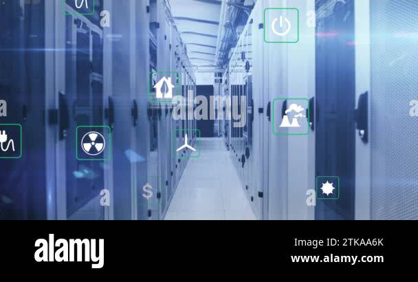Animation of multiple icons, computer language over corridor of data server room. Digital ...