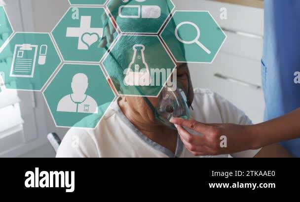 Animation of medical icons over diverse doctor and patient using oxygen ...