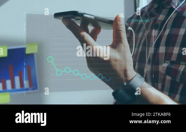 Animation of statistical data processing against mid section of man talking on smartphone at ...