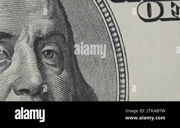 100 US dollar banknote rotate close up. Extreme macro of rotating one ...