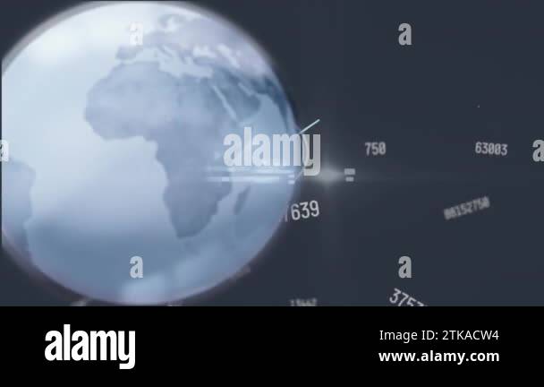 Animation of connected dots over globe and changing numbers against black background. Digitally ...