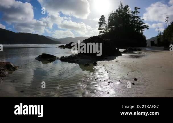 Sandy beach on Pacific Ocean Coast View. Sunny Blue Sky. San Josef Bay ...