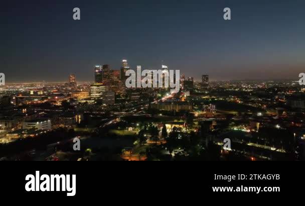 Night aerial view of downtown Los Angeles, California. Downtown Los ...