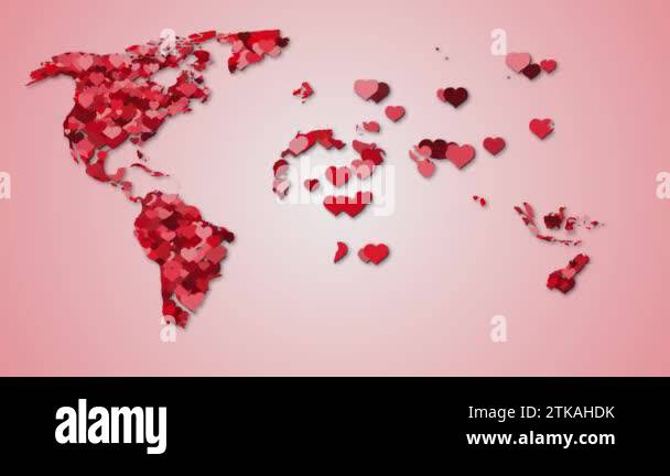 World map HEARTS popping up. Love is all around!Contour of a map of ...