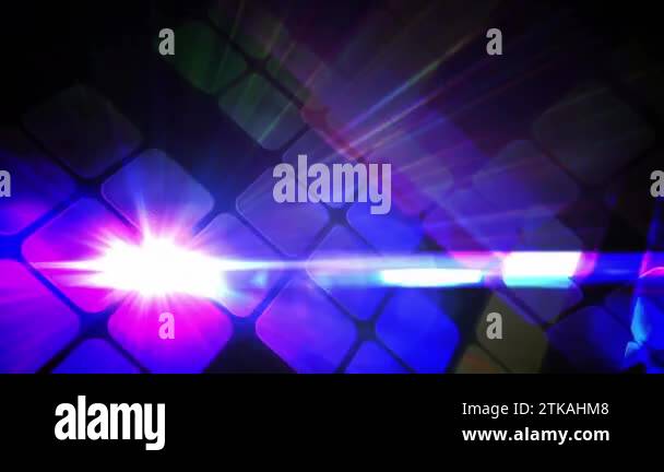 Animation of illuminated lens flares moving over glowing square shapes ...