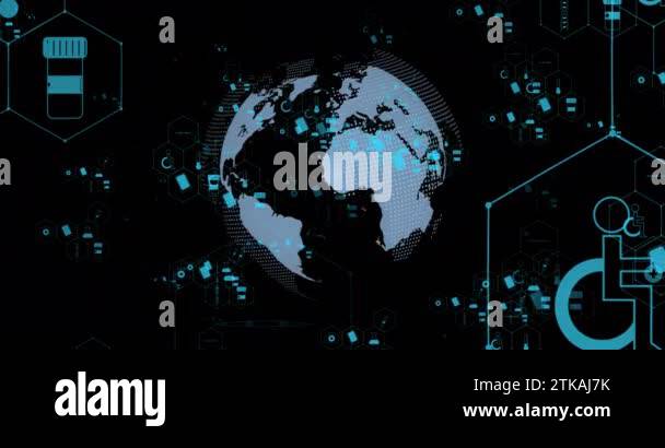 Animation of medical icons and globe on black background. Global ...