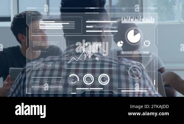 Animation of map, graphs, map, loading circles, diverse coworkers sharing ideas in office ...