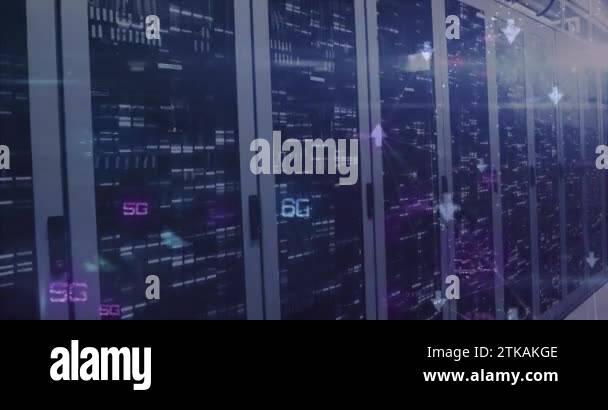 Animation of 5g and 6g text over illuminated data server racks. Digital composite, network ...