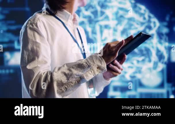 Knowledgeable developer in data center uses artificial intelligence computing simulating human ...