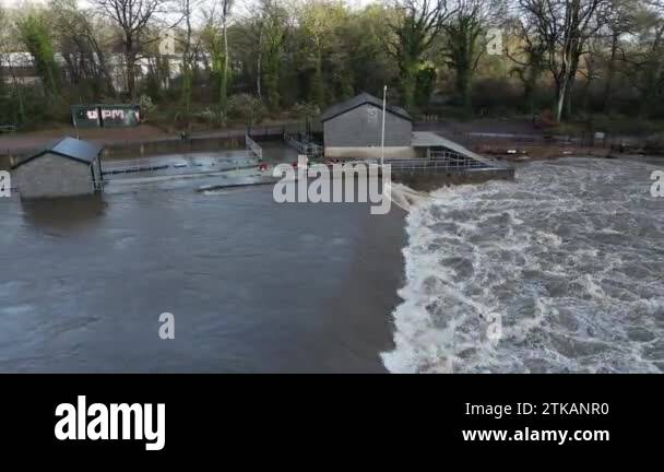 Radyr, Cardiff, Wales January 2023: Flyover view of the hydroelectric ...