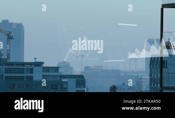 Animation of multiple graphs, loading circles and map over modern buildings against sky. Digital ...
