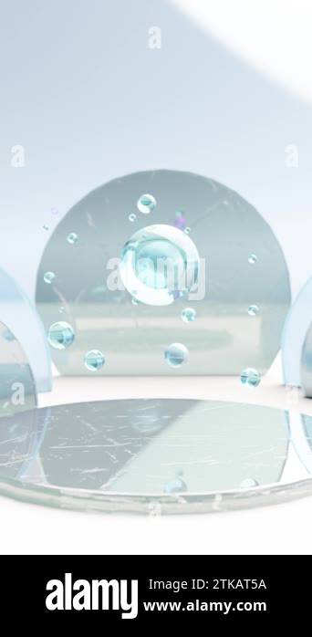 3d animation render of glowing pure crystals floating above glass round ...