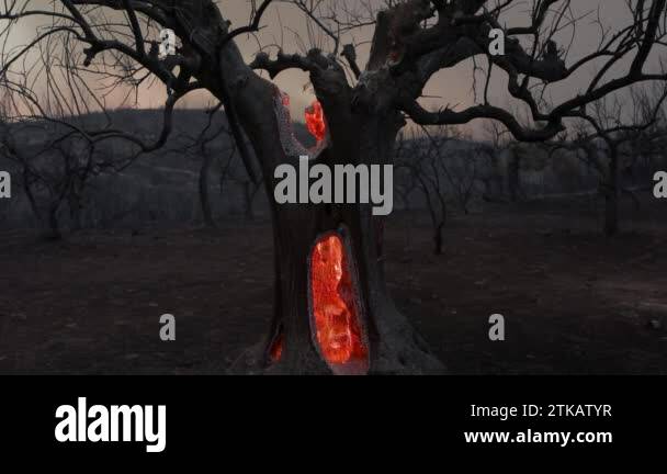 Fire burning inside an olive tree trunk in the prefecture of Evros in ...