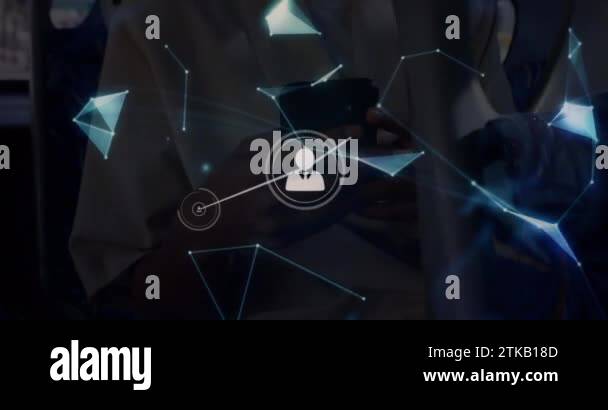 Animation of connected icons and connected dots forming shape over globe against abstract ...