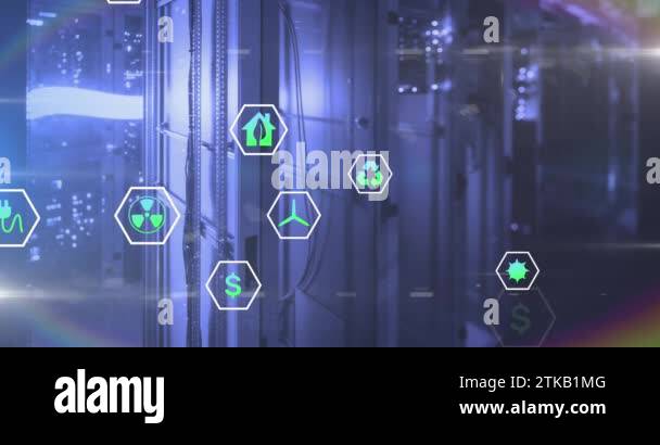 Animation of multiple icons and lens flares over illuminated data ...