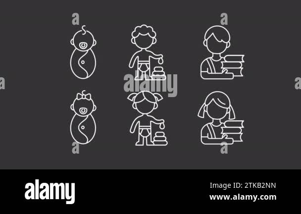 Animated children white line icons. Childhood characters. Girls, boys ...