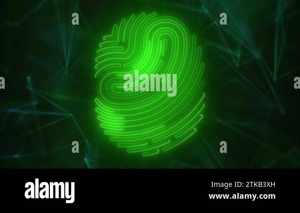 Digital biometric fingerprint background - glowing green fingerprint with plexus lines and data ...