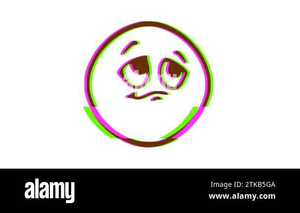 Saddened face emoticon with glitch effect. Cartoon face animation ...