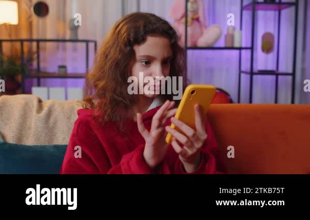 Preteen Girl Use Smartphone Typing Browsing Loses Becoming Surprised