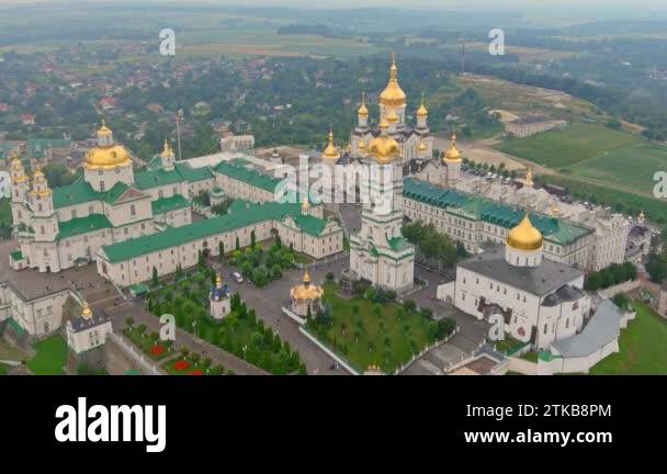 Ukraine. Aerial view to largest Orthodox church complex monastery Dormition Pochayiv Lavra was ...