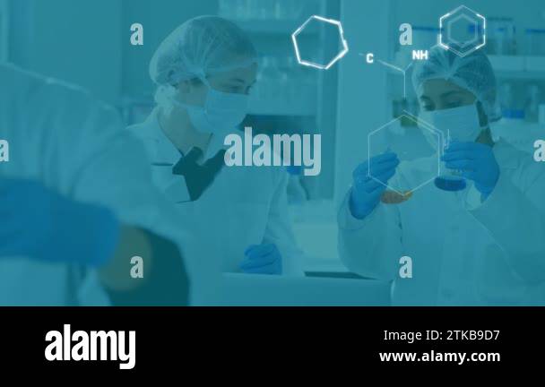 Animation of molecule structures over diverse scientist examining sample using microscope ...