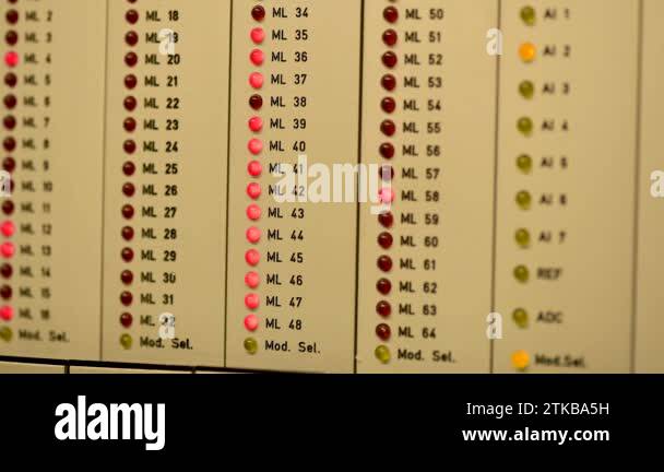 blinking LED lights in a server rack with RJ45 and fiber optic cable ...