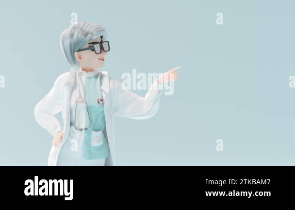 Cartoon character woman doctor shows direction with finger. Space side ...