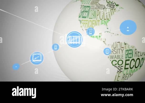 Animation of connected laptop and phone icons, globe with text rotating ...