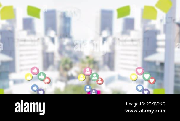 Animation of colorful profile, heart and like icons over aerial view of ...