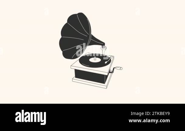 Black and white Retro Gramophone record player. Video flat cartoon ...