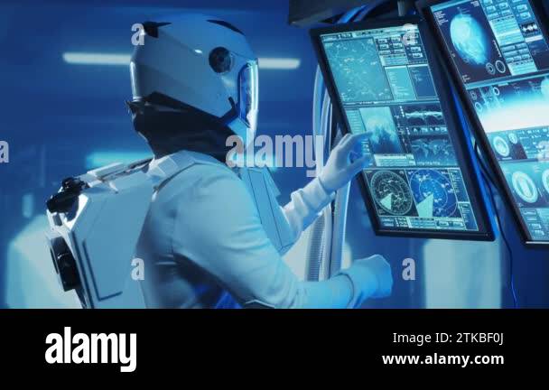 Astronaut in a space suit aboard the orbital station. A crew of ...