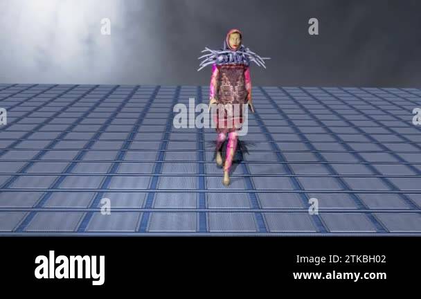 Funny 3d simulation of a fashion-show where model wears some dress that ...