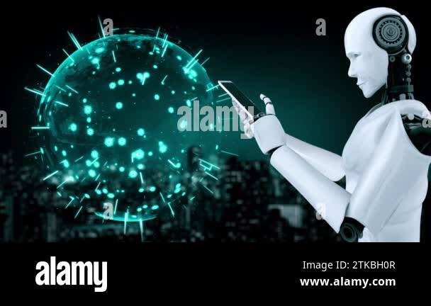 Robot hominoid use mobile phone or tablet for global network connection using AI thinking brain ...