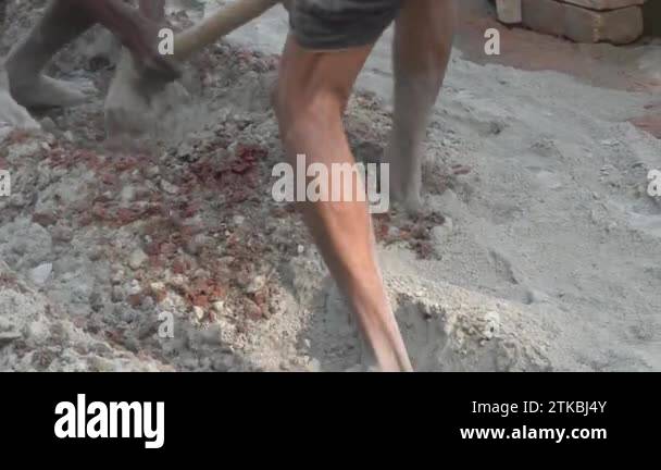 Manually mixing Cement ingredient collection set, water, cement powder ...