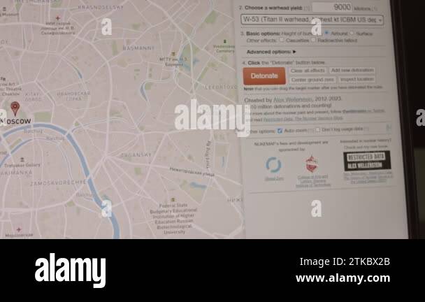 Simulation of nuclear bomb explosion radius over Moscow. Nuclear war ...