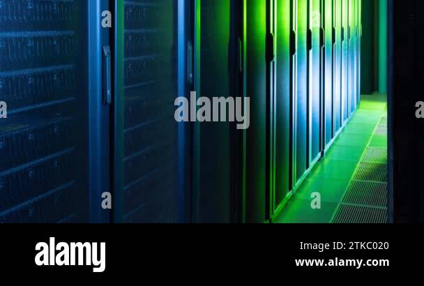 Animation of 3d 6g text over data server system in server room. Digital ...