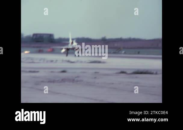 1950s light bomber plane lands at American military airport. Vintage ...